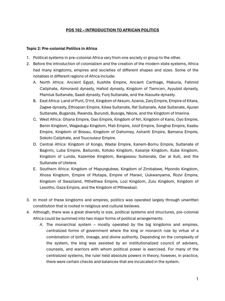 Topic 2 - Pre-Colonial Politics in Africa | PDF | Africa | Monarchy