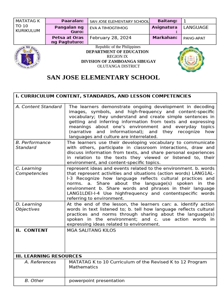 Salitang Kilos LESSON PLAN CO4 G1 | PDF