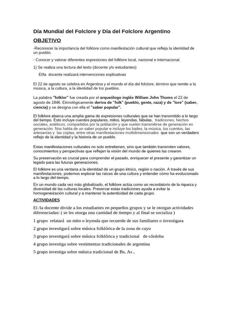 Día Mundial Del Folclore y Día Del Folclore Argentino. Efemerides | PDF | Folklore | Música folk