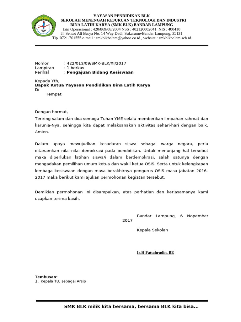 Surat Pengantar Pengajuan Kesiswaan (Pem - Osis) | PDF
