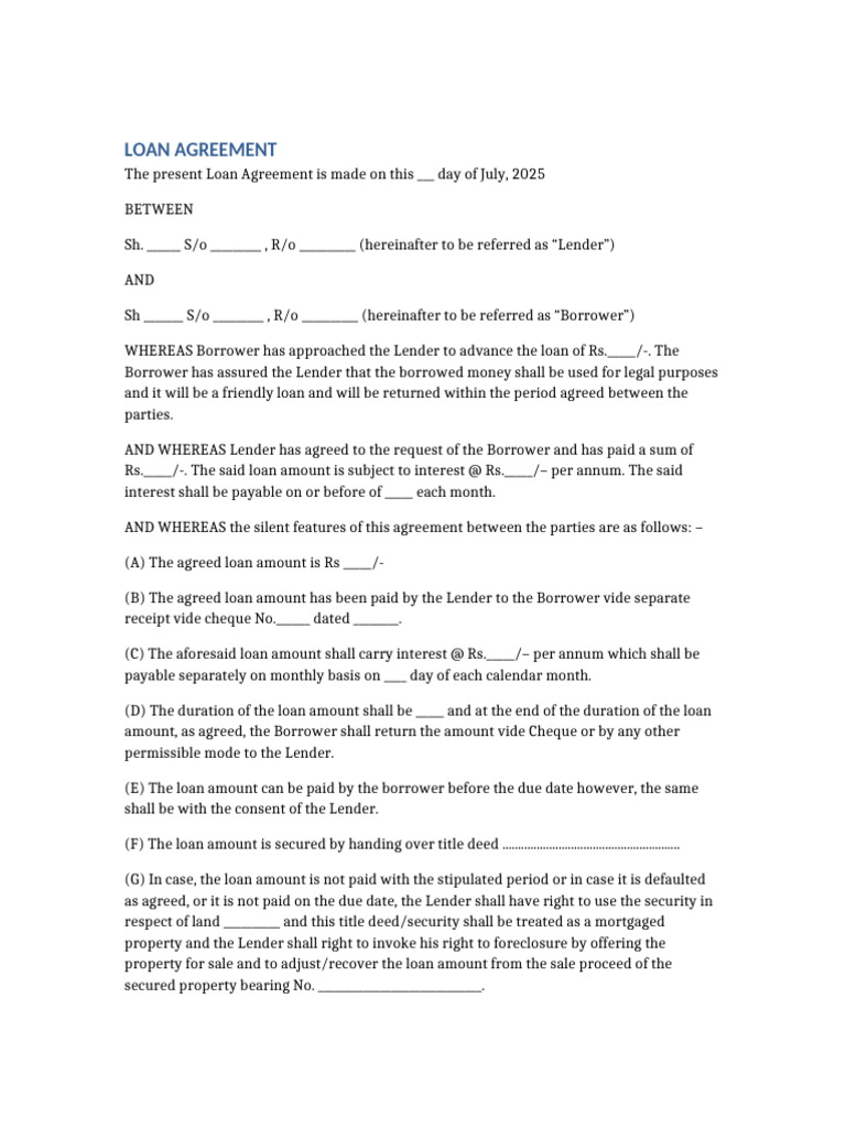 Loan Agreement July2025 Final | PDF | Loans | Mortgage Law