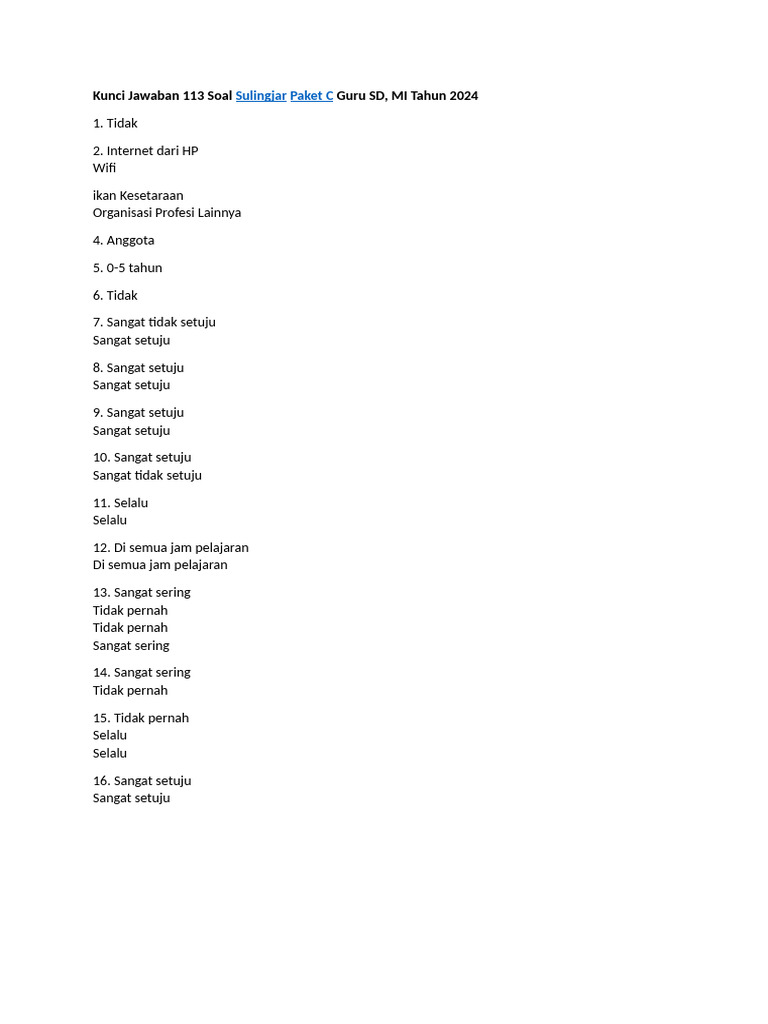 Kunci Jawaban 113 Soal Sulingjar Paket C Guru SD | PDF