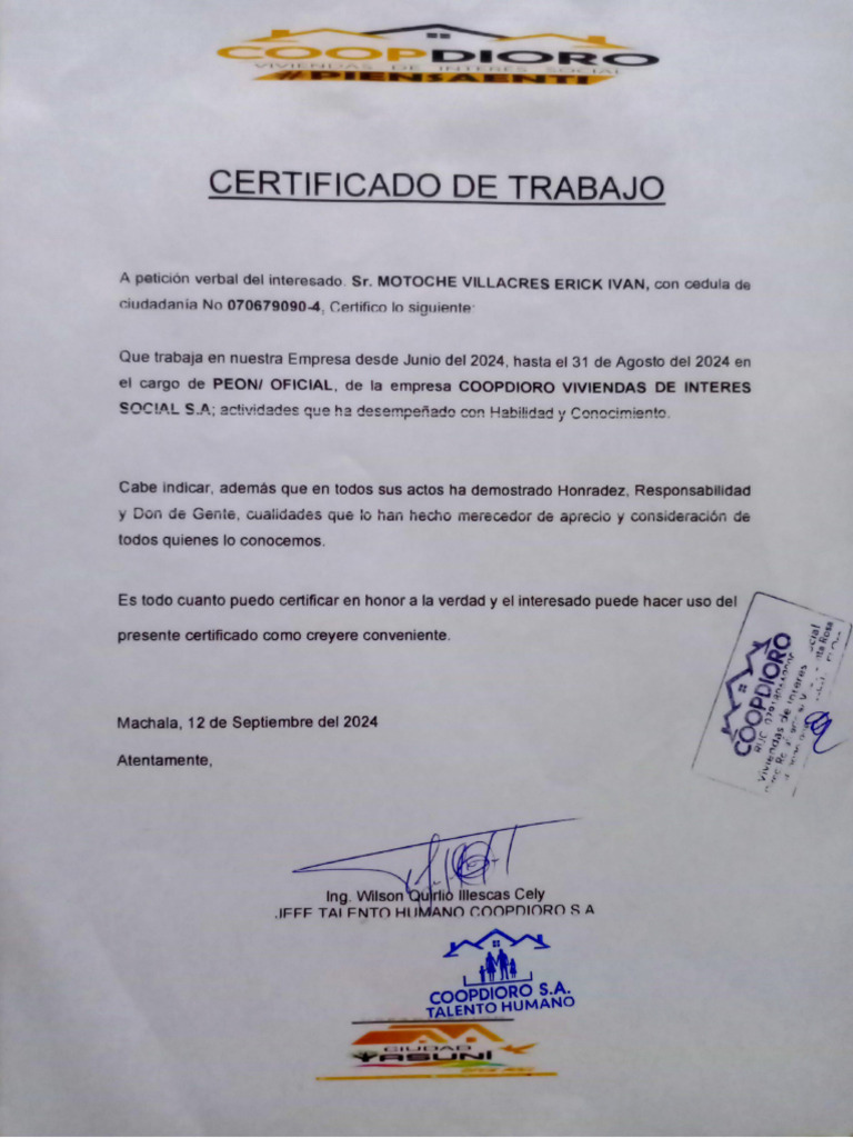 Certificado de Trabajo Erick Motoche | PDF