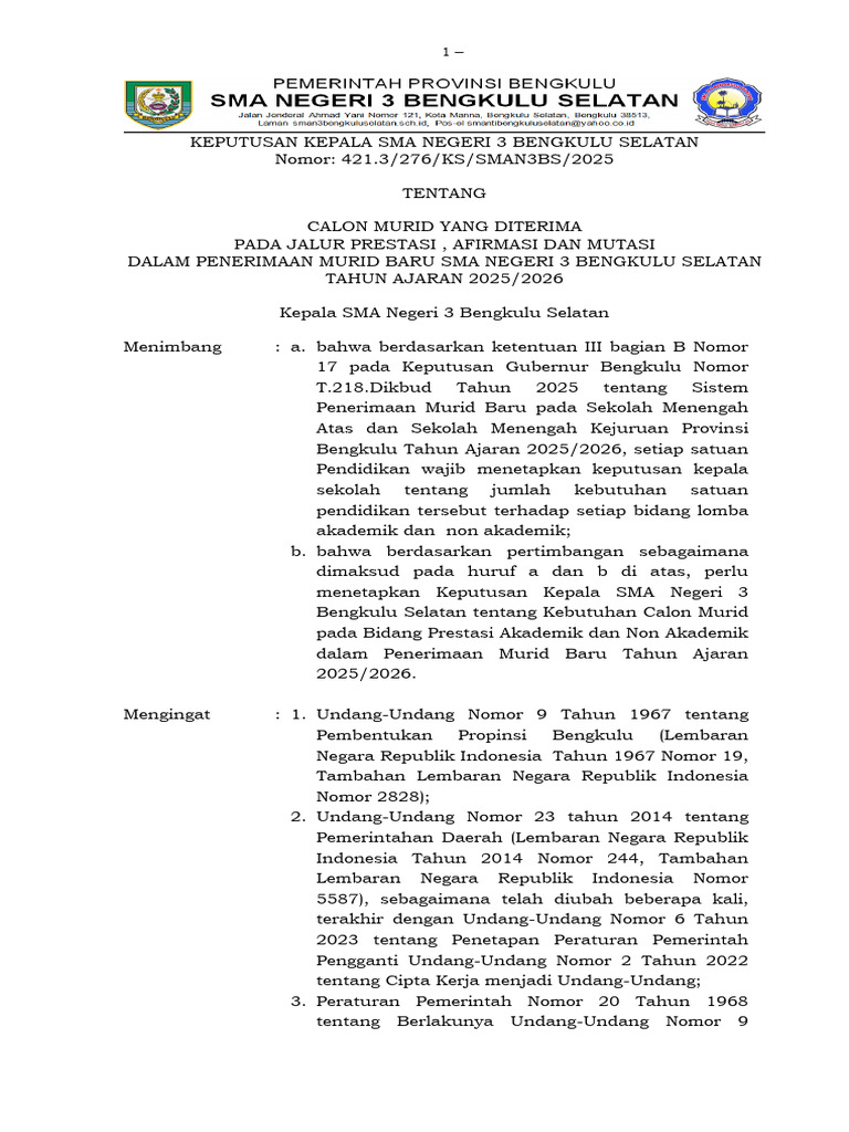 #003 - Surat Keputusan Kelulusan Murid Diterima Di Jalur Prestasi, Afirmasi Dan Mutasi | PDF