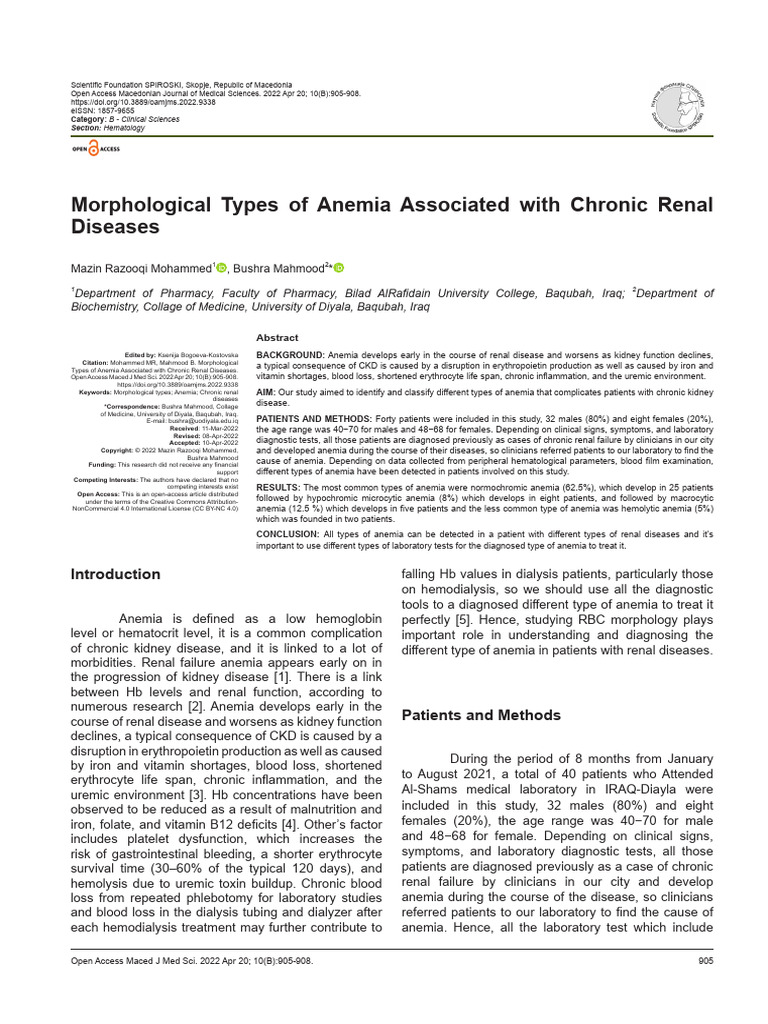 Morphological Types of Anemia Associated With Chronic Renal Diseases ...