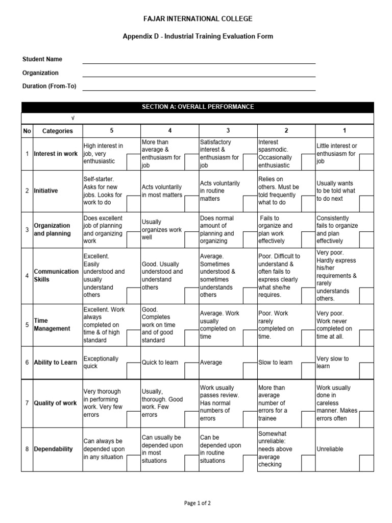 Appendix D - Industrial Training Evaluation Form | PDF | Cognition | Psychology