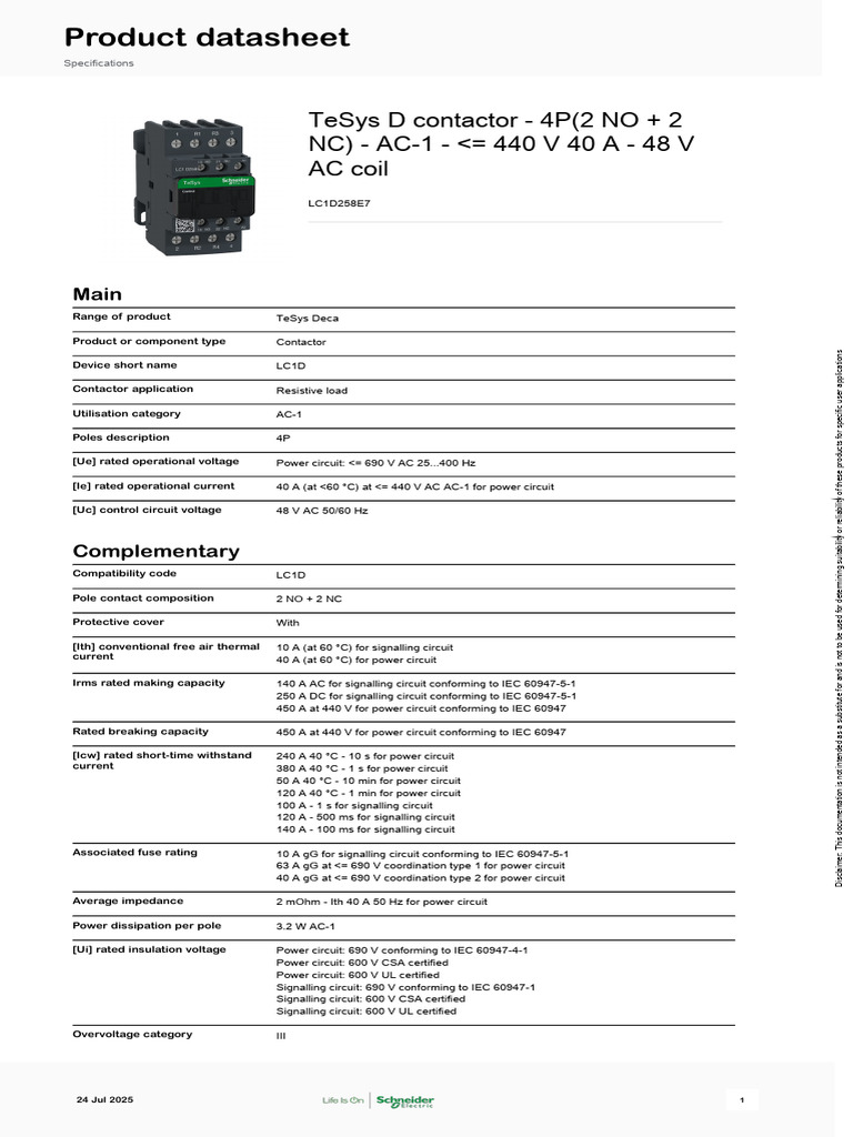Schneider Electric TeSys-Deca-contactors LC1D258E7 | PDF | Economy And ...