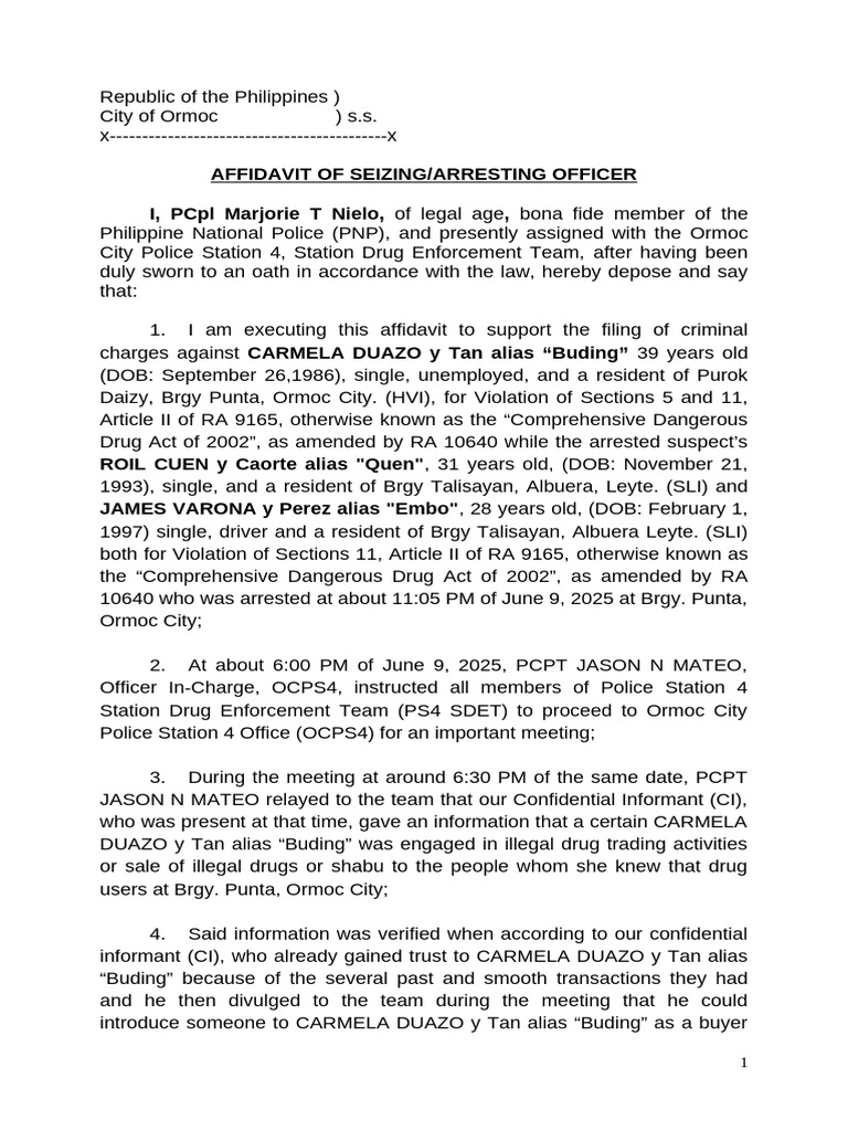 AFFIDAVIT Narrative of Seizingarresting Officer | PDF | Affidavit