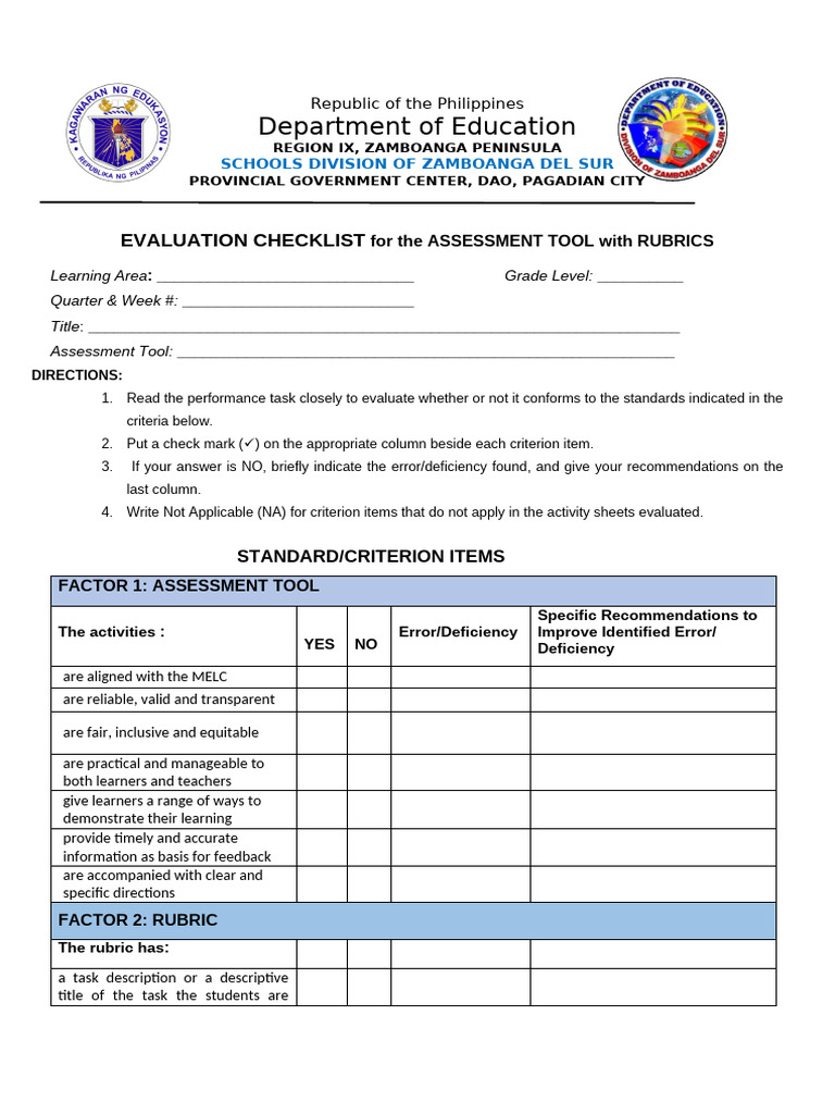 Checklist For Perfornance Task With Rubrics | PDF | Rubric (Academic ...