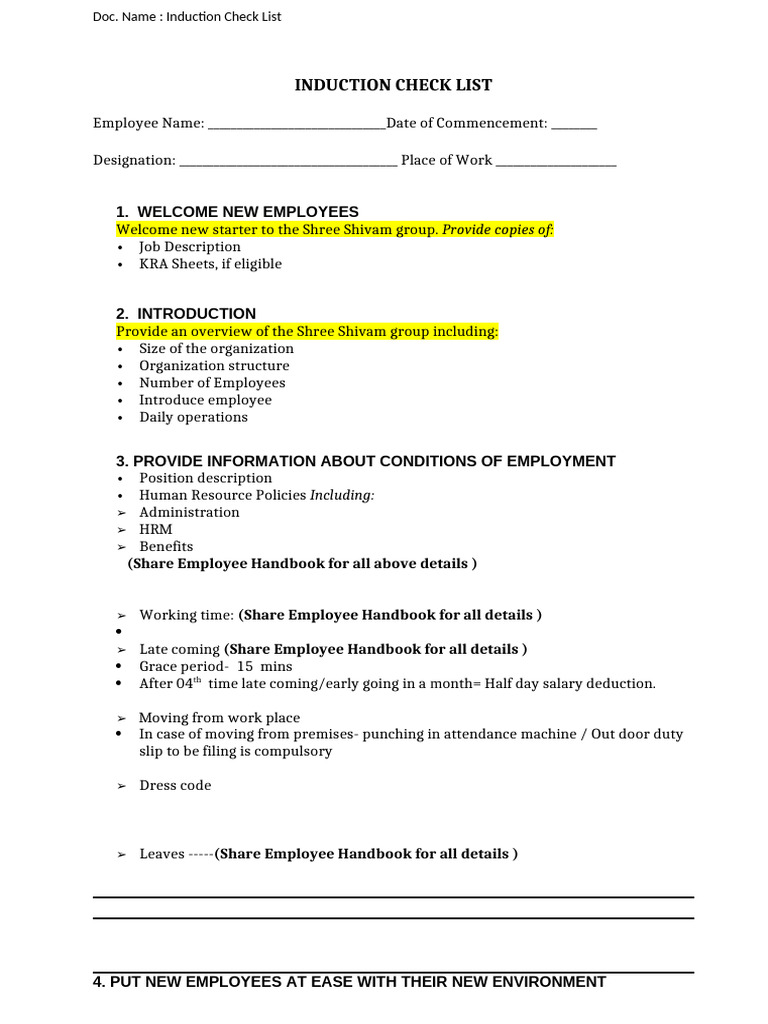 Induction - Checklist & Programe | PDF