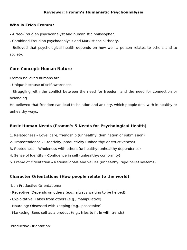 Fromm's Humanistic Psychoanalysis Overview | PDF | Erich Fromm ...