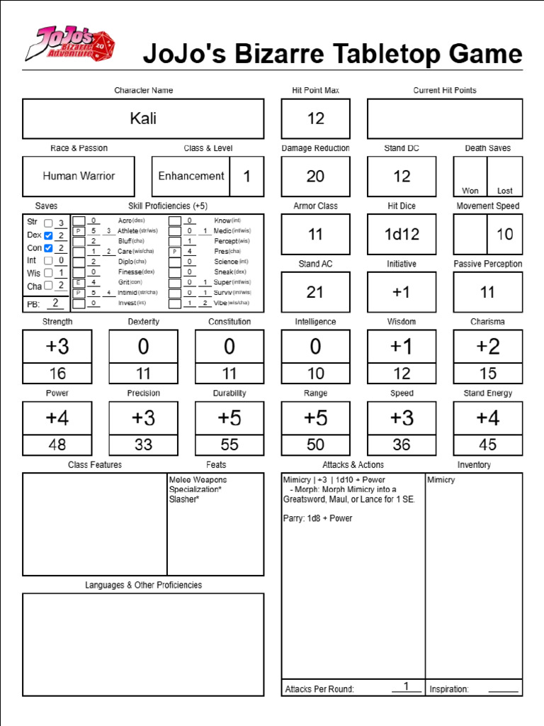 Kali Jojo Bizzare Adventure Tabletop RAHHHHH | PDF
