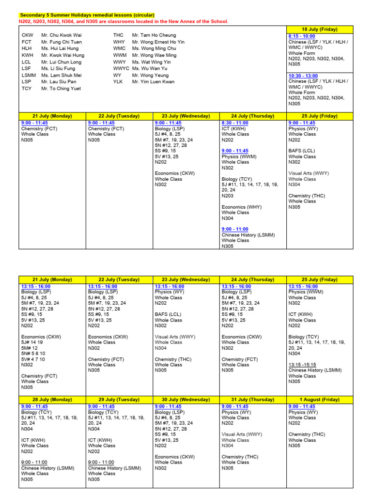 S5 Summer Remedial Lessons Timetable | PDF