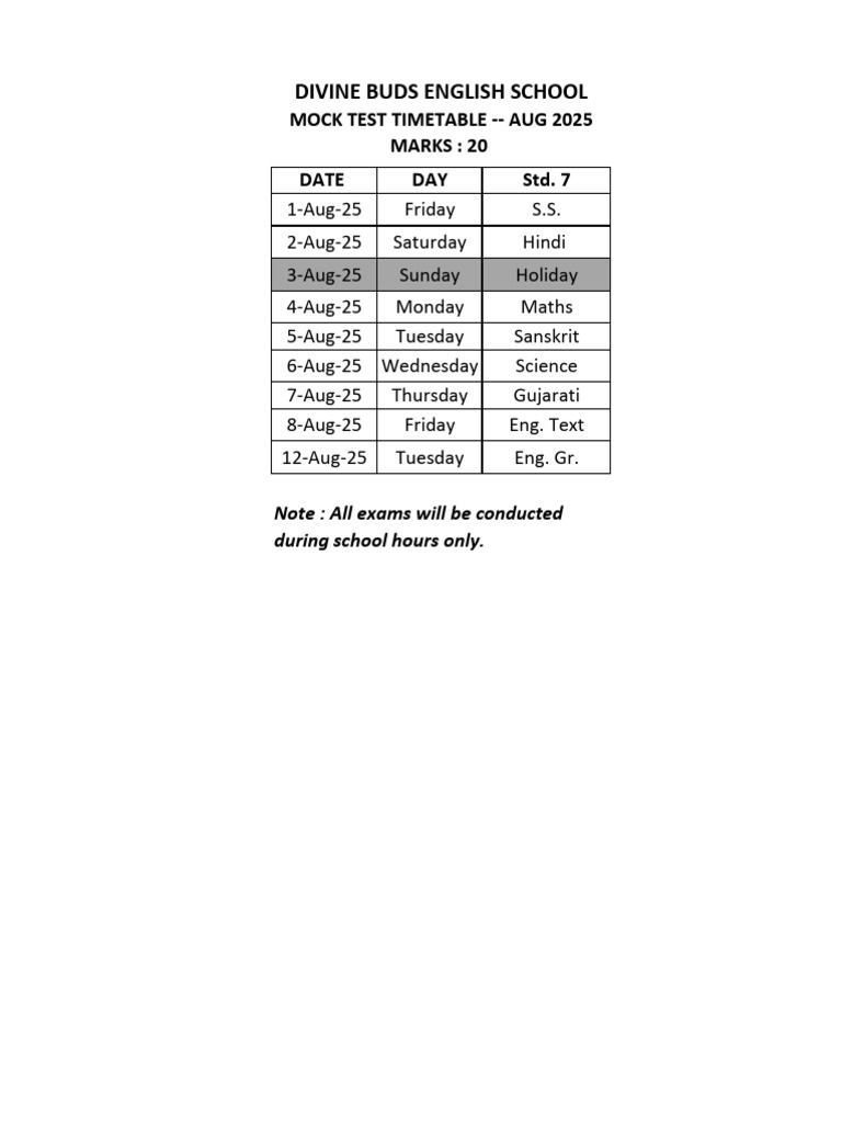 Std 7 Exam Timetable 2025 | PDF