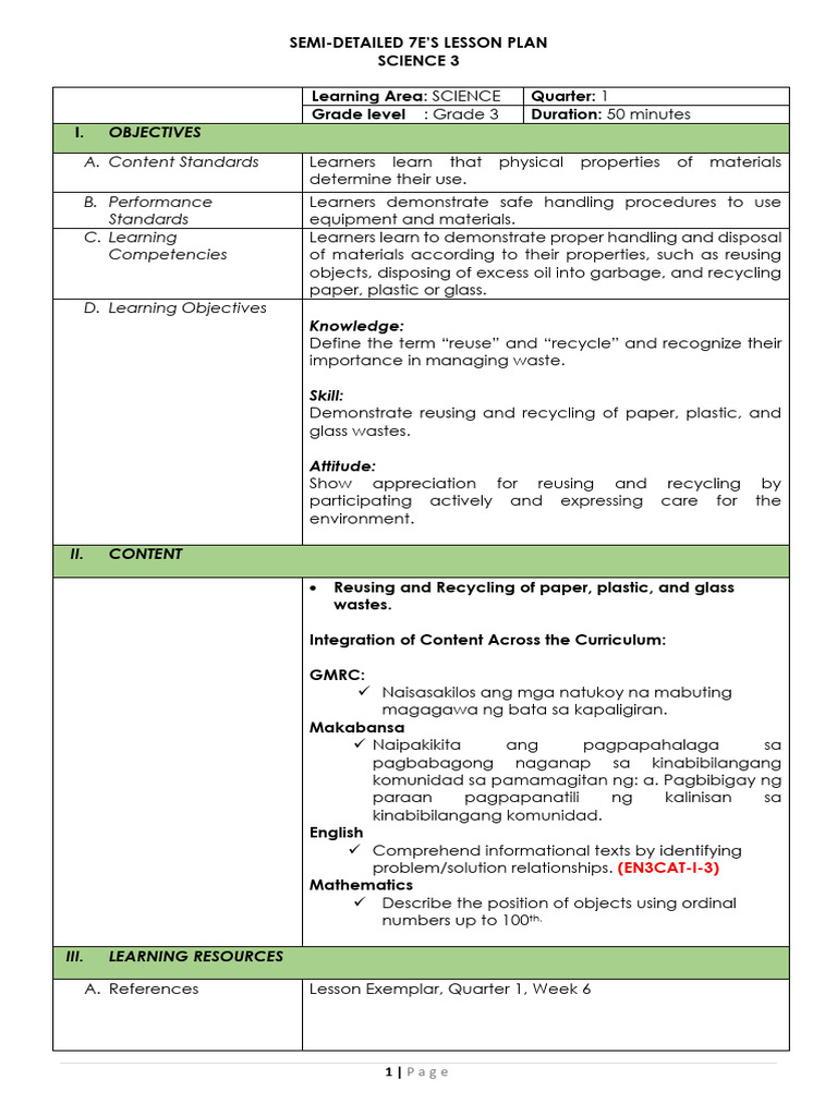 Lesson Grade 3 Teacher Rose Final | PDF | Recycling | Waste