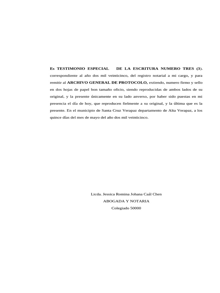 Testimonio Notarial 2025 en Alta Verapaz | PDF