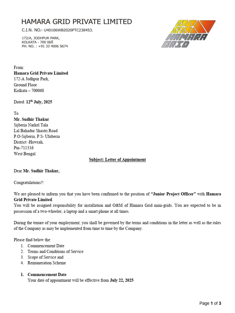 Offer Letter - Sudhir Thakur - Jr. Project Officer | PDF | Employee ...