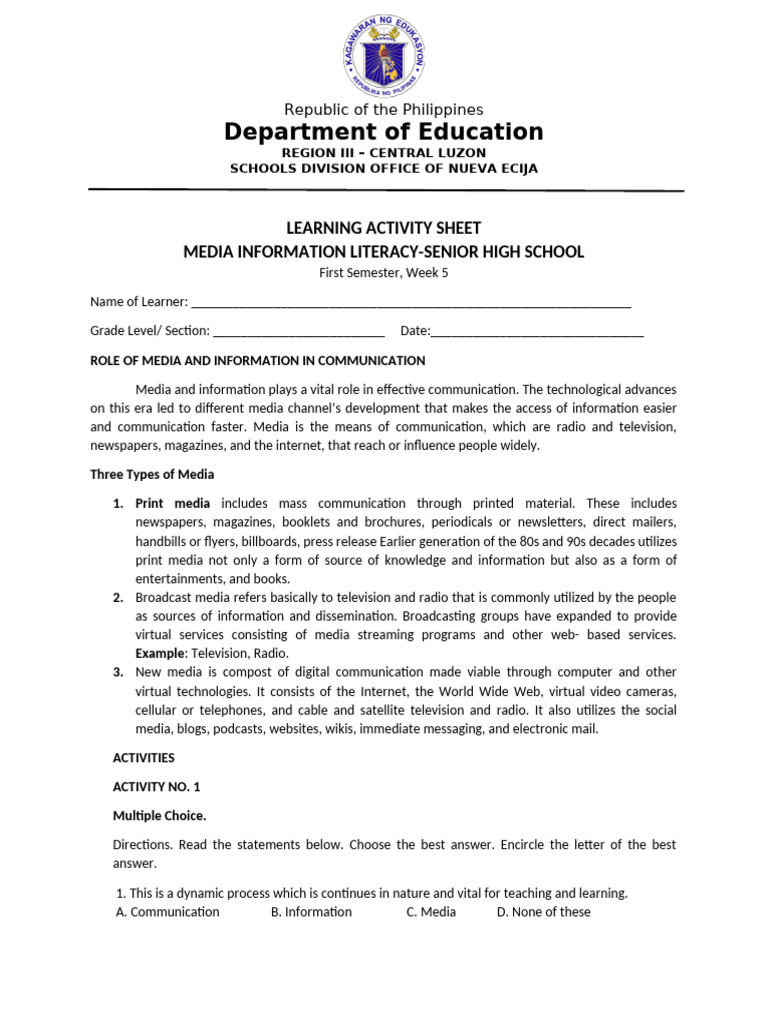 Grade 11 Media Literacy Answer Key | PDF | Mass Media | Communication