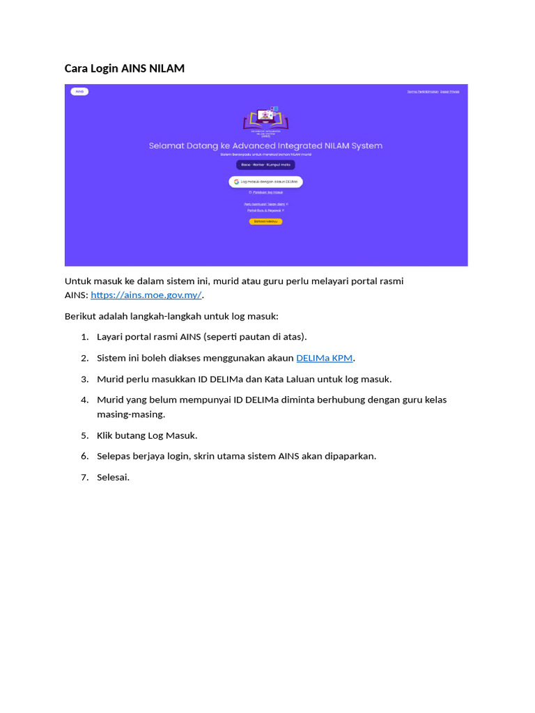 Cara Login Ains Nilam | PDF