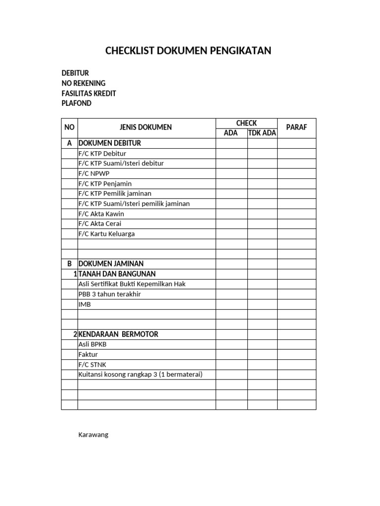 Checklist Dokumen Pengikatan Debitur | PDF