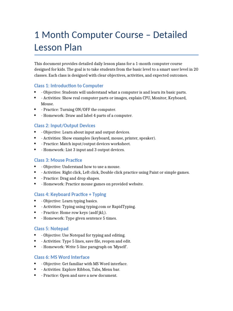 1 Month Computer Course Detailed Lesson Plan | PDF | Microsoft Excel ...