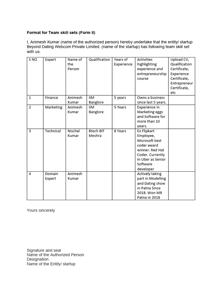 Team Skill Sets for Beyond Dating Webcom | PDF | Corporations | Private ...