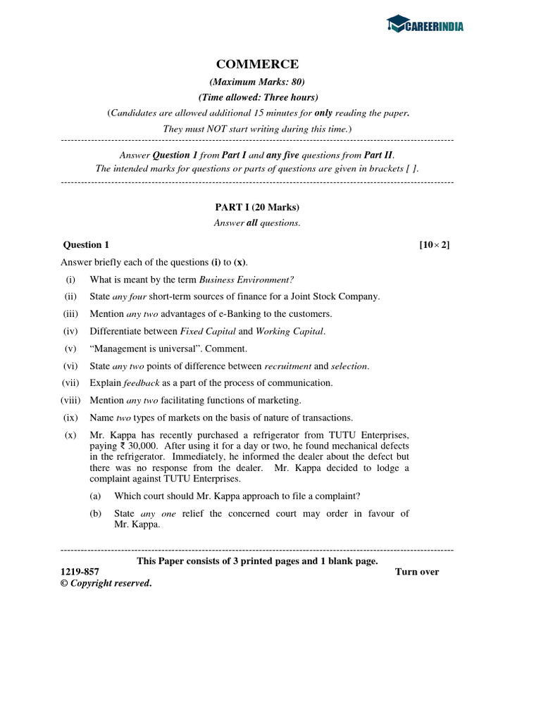 ISC Class 12 Commerce Question Paper | PDF | Private Sector | Business ...