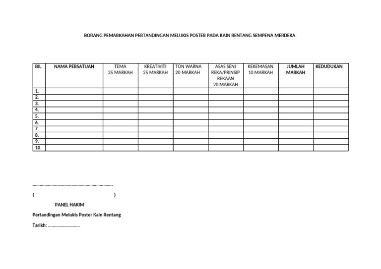 Borang Pemarkahan Pertandingan Melukis Poster Pada Kain Rentang Sempena ...