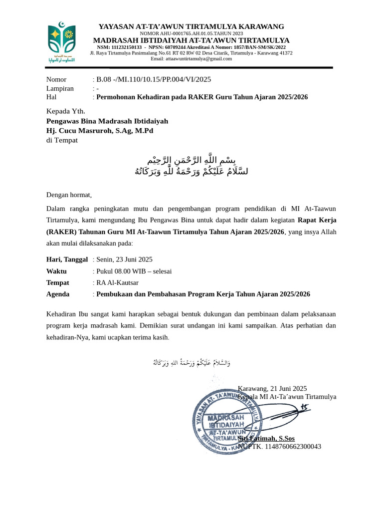 Undangan RAKER MI At-Taawun 2025/2026 | PDF
