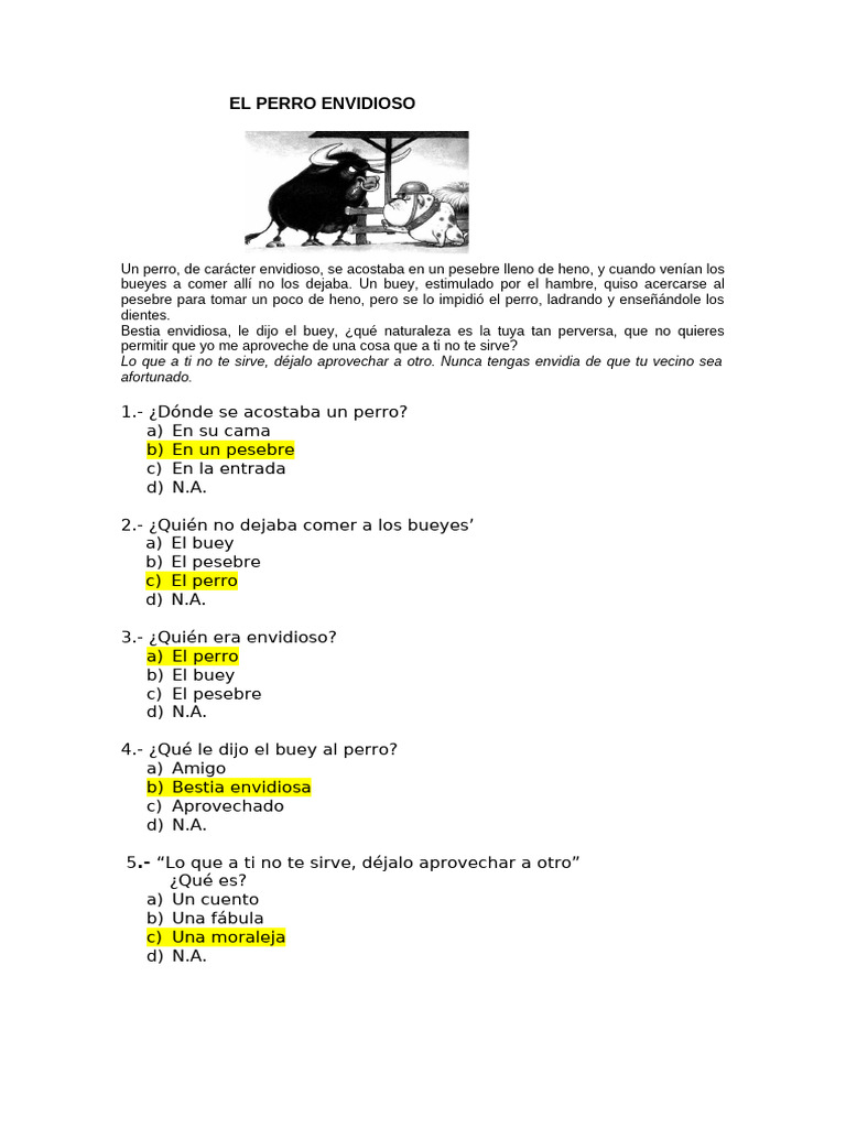 EL PERRO ENVIDIOSO Comprension Lectora | PDF