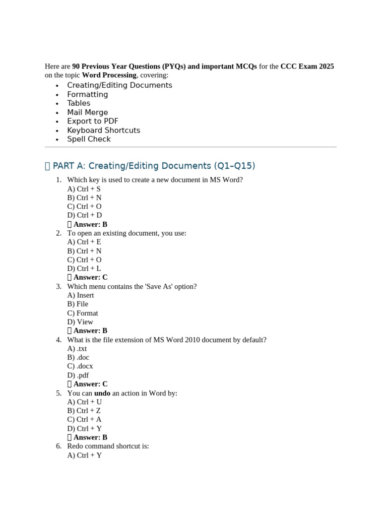 CCC Exam 2025: Word Processing MCQs | PDF | Microsoft Word | Text