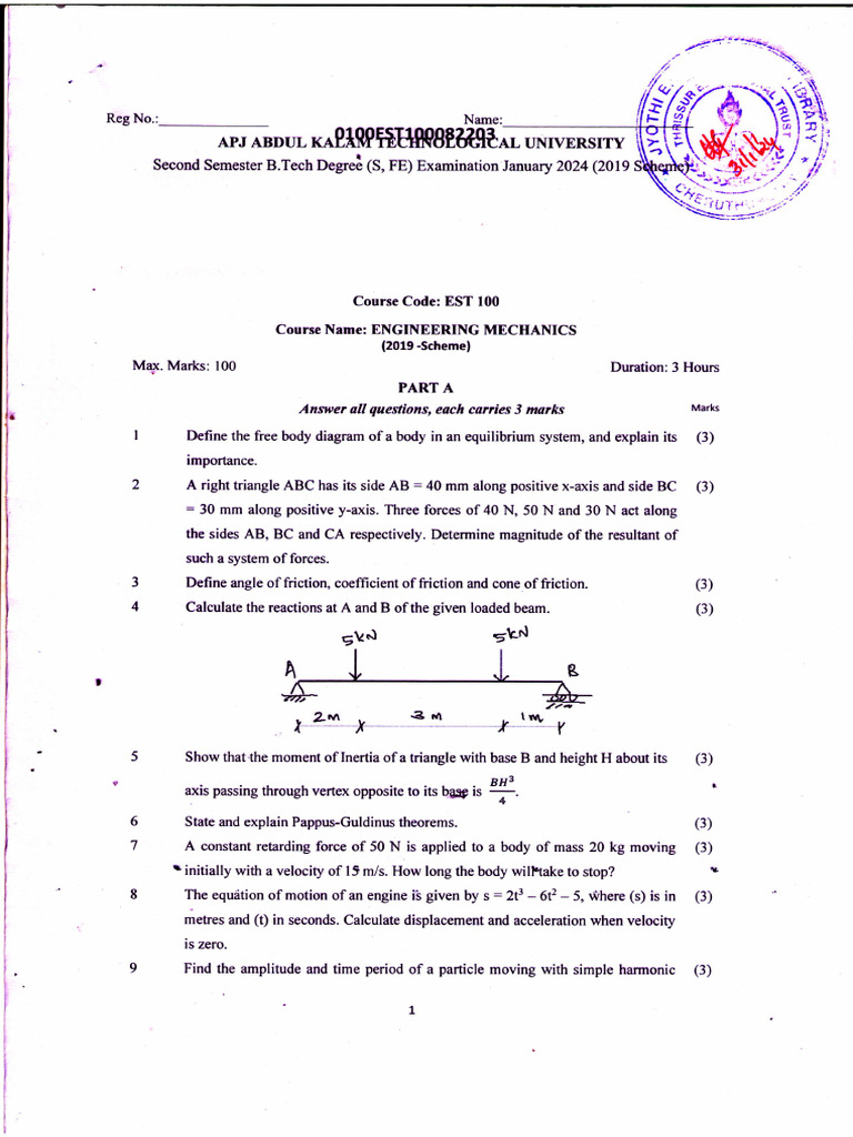 Est100 Engineering Mechanics, January 2024 | PDF | Force | Mechanics