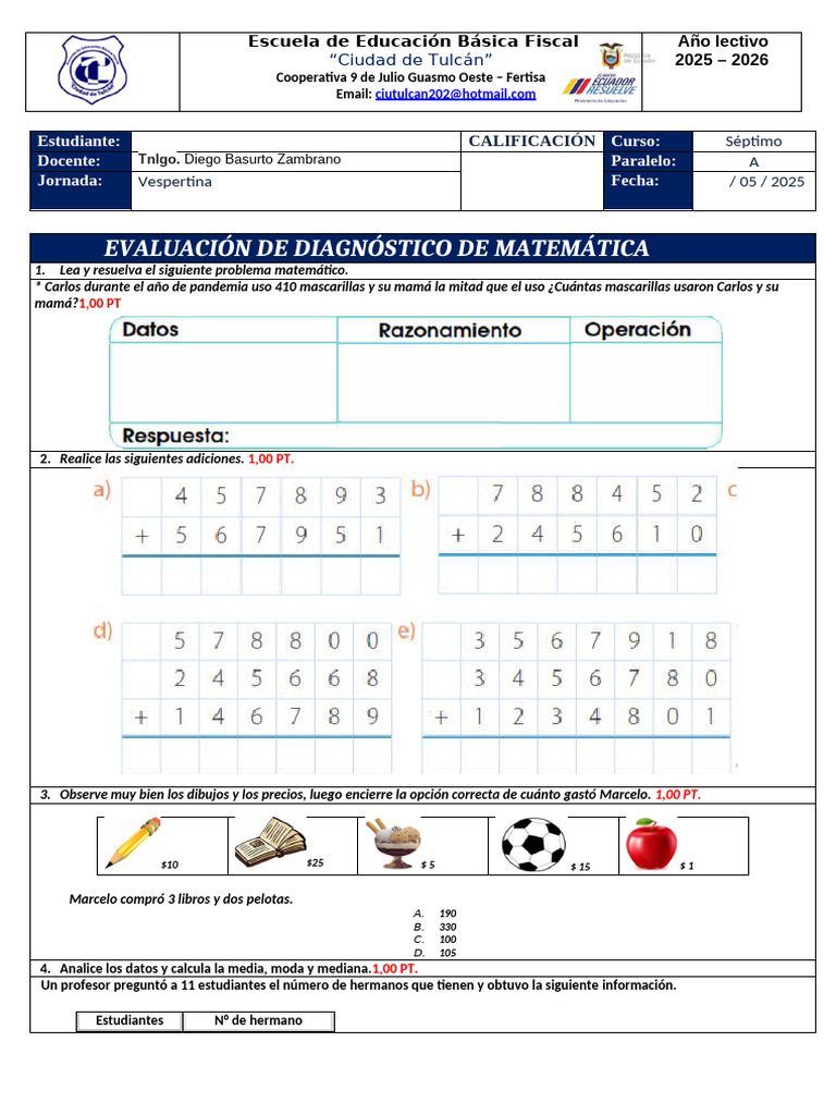 Prueba de Diagnostico Matematica 2025 | PDF