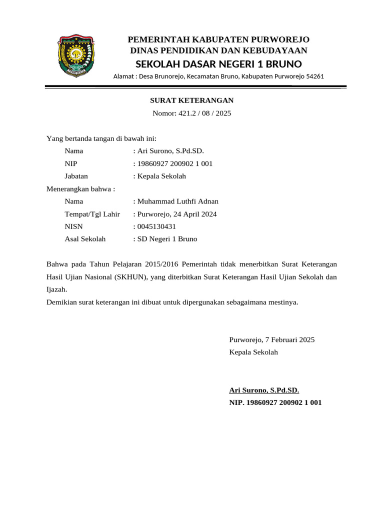 Surat Keterangan SKHUN | PDF