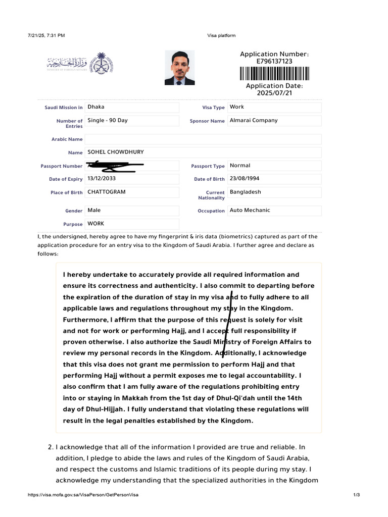 Saudi Arabia Visa Application Agreement | PDF | Travel Visa | Saudi Arabia
