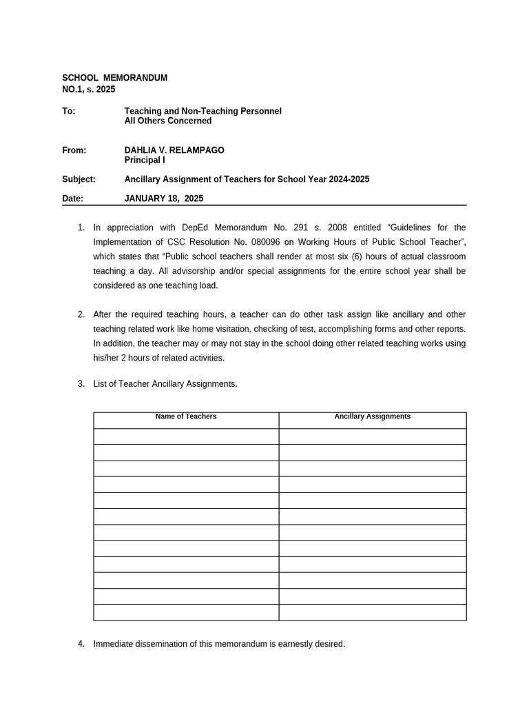 Ancillary Assignments for Teachers 2024-2025 | PDF