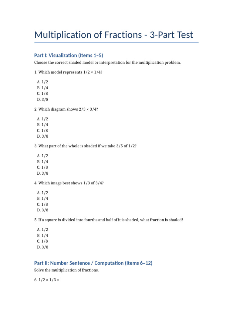 Multiplication of Fractions Test | PDF