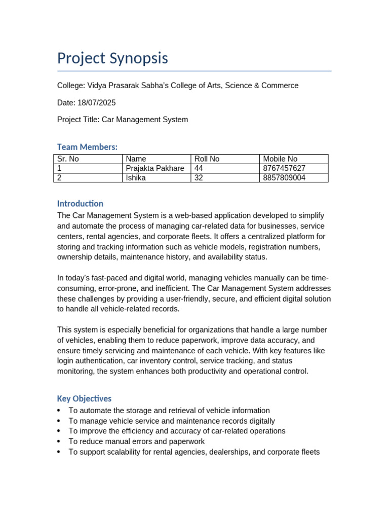 Updated Car Management System Synopsis-1 | PDF