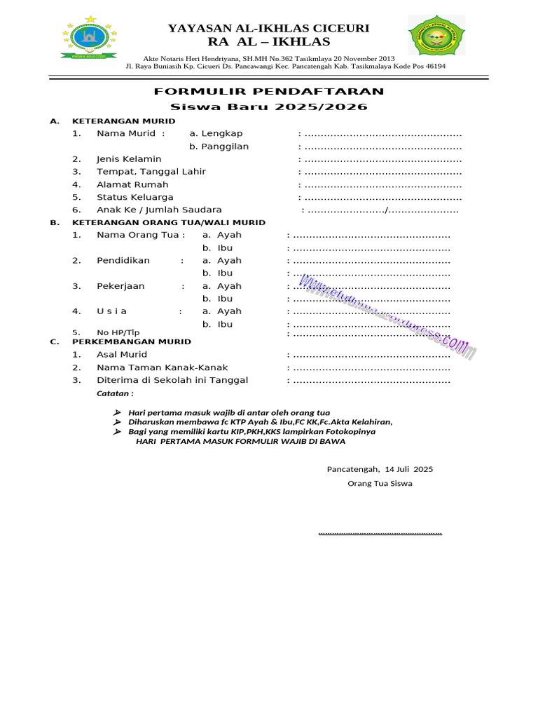 Formulir Pendaftaran Siswa Baru 2025/2026 | PDF