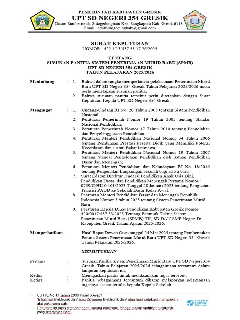Sk Panitia Spmb_upt Sdn 354 Gresik_2025 | PDF
