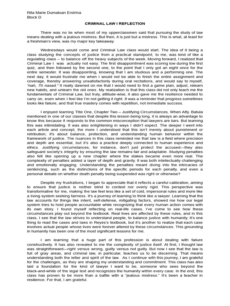 Criminal Law I Reflection | PDF | Justice | Crime & Violence