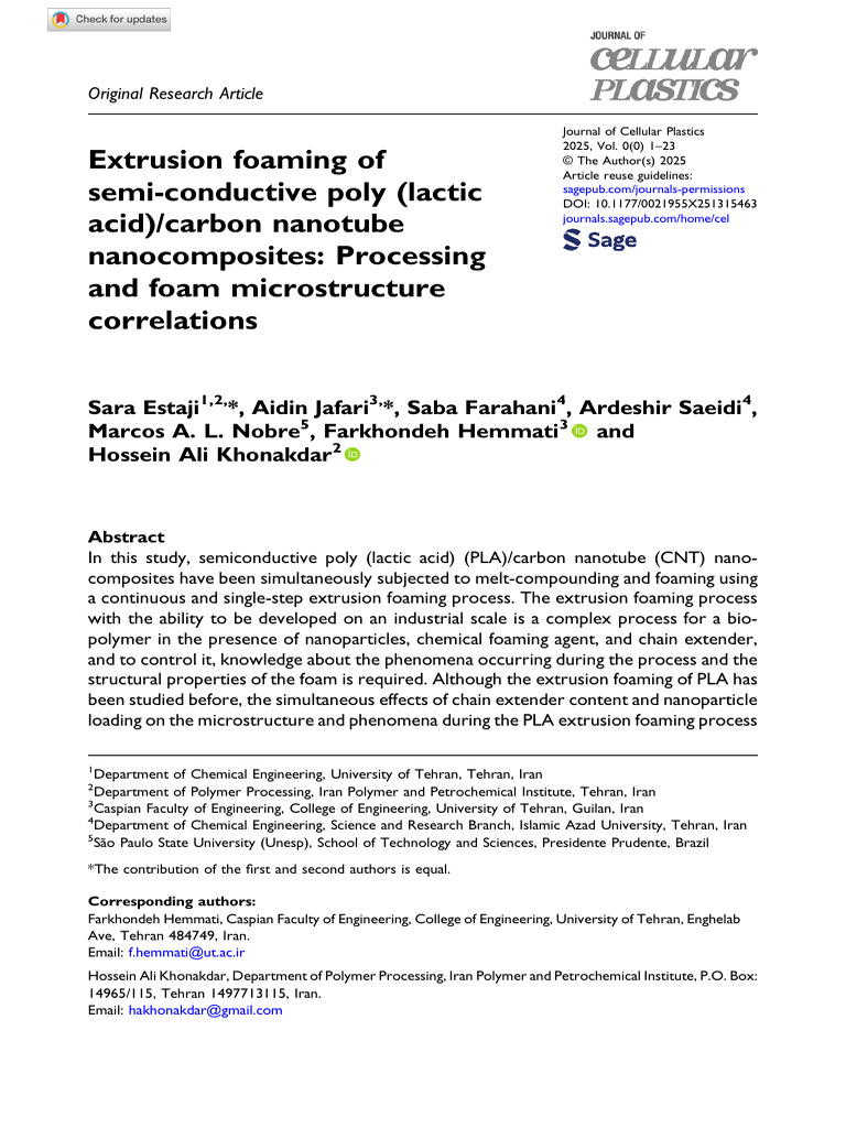 Estaji Et Al 2025 Extrusion Foaming of Semi Conductive Poly (Lactic Acid) Carbon Nanotube ...