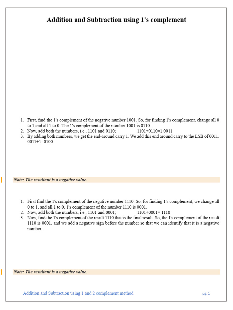2 Addition and Subtraction Using 1 and 2 Complement Method | PDF | Subtraction | Computer ...