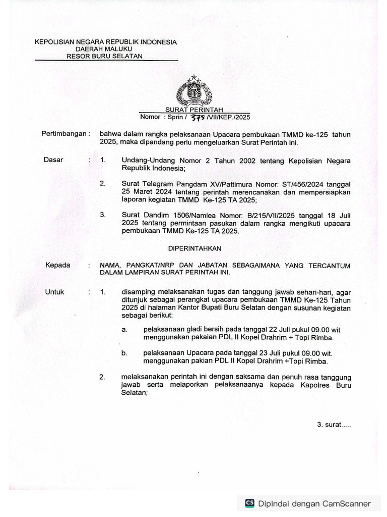 Sprin Upacara Pembukaan TMMD Ke-125 Tahun 2025 | PDF