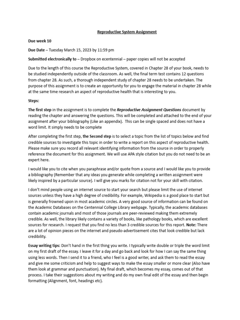 Reproductive System Assignment Guidelines | PDF | Citation | Essays