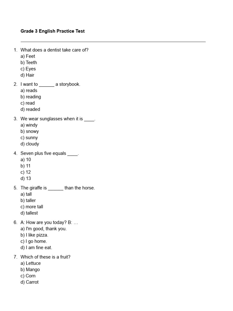Grade 3 English Assessment Practice Test | PDF