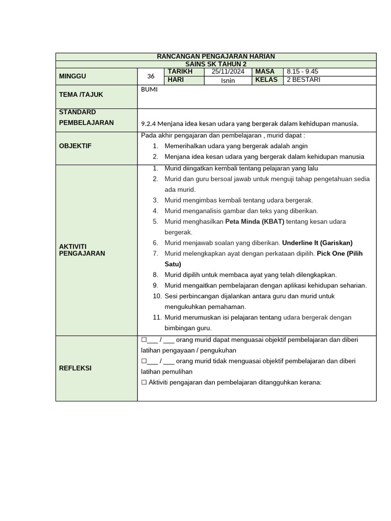 RPH Kbat Sains Tahun 2 | PDF