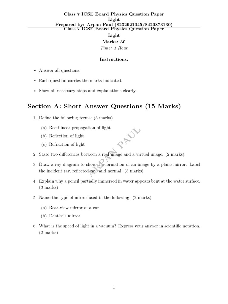 Class 7 Light Icse Board | PDF | Reflection (Physics) | Light