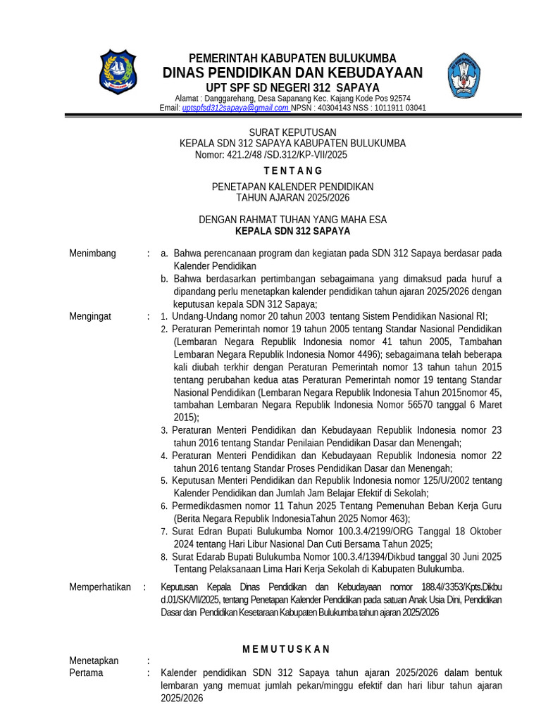 SK PENETAPAN KALDIK TAHUN 2025 - Salin - Salin | PDF