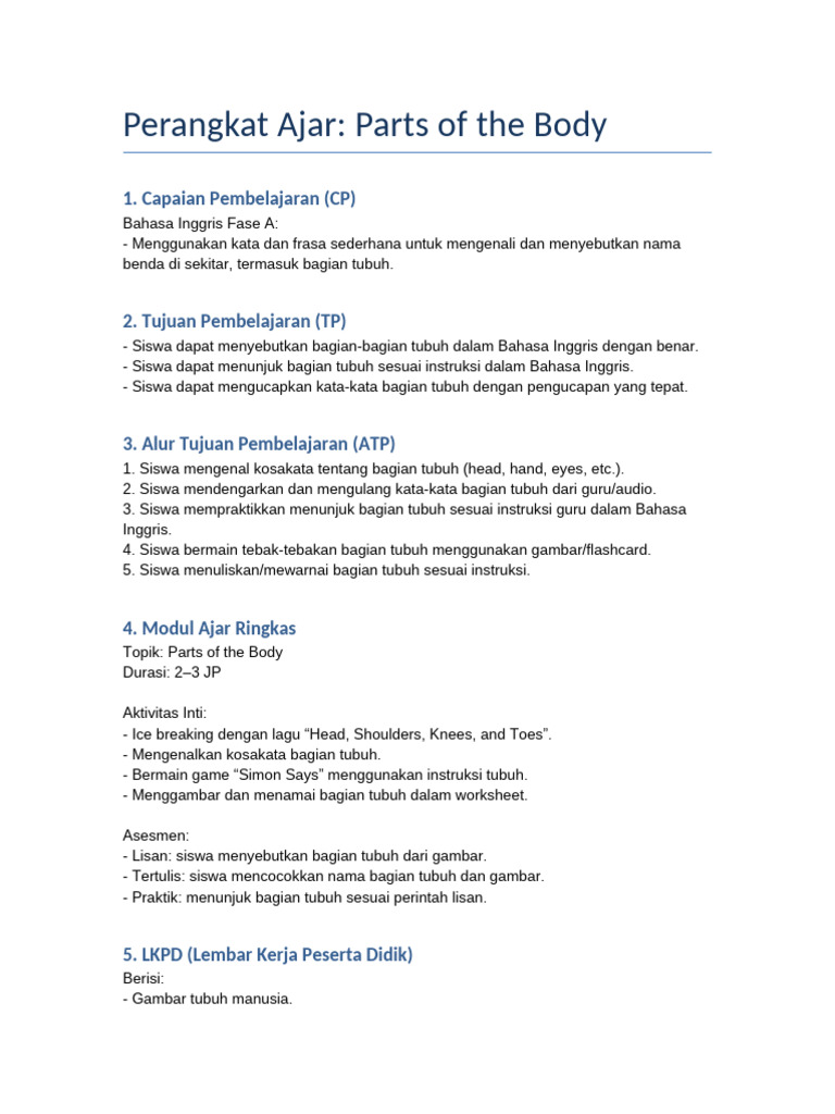 Perangkat Ajar Parts of The Body | PDF